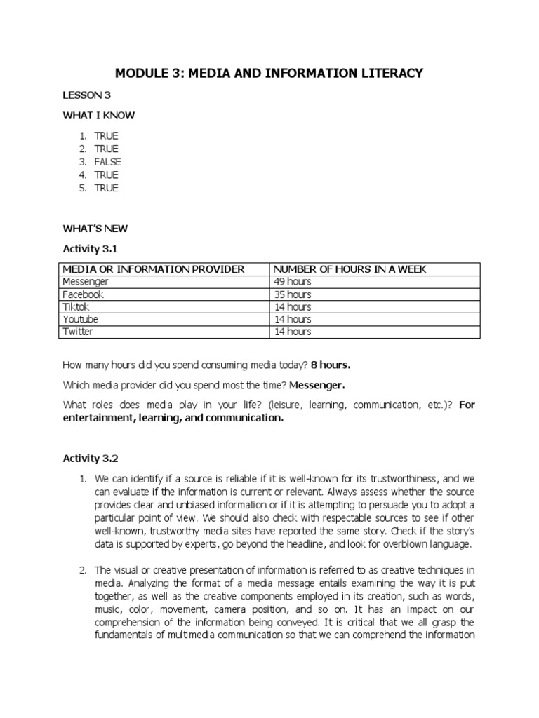 Module 3: Media and Information Literacy: Lesson 3 What I Know | PDF ...