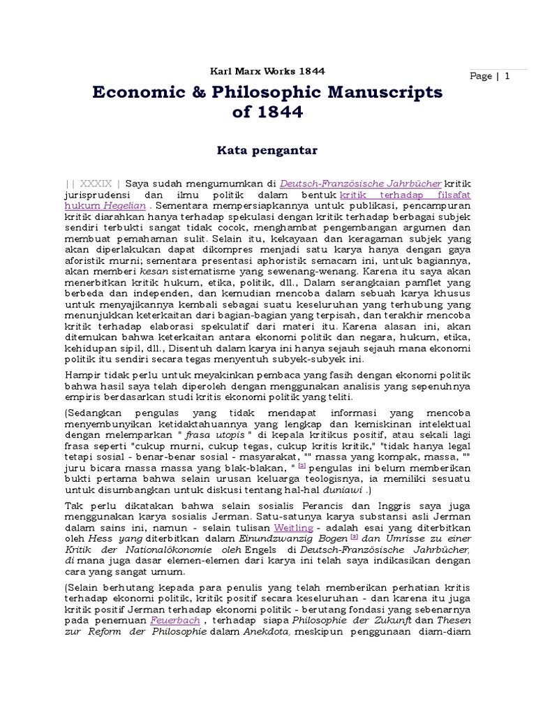 Karl Marx - Economic & Philosophic Manuscripts (Indo) | PDF