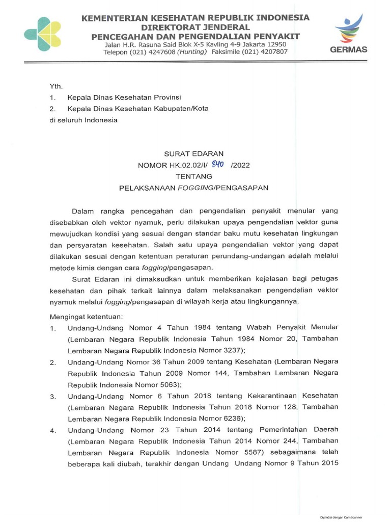 Surat Edaran Pelaksanaan Fogging Pengasapan | PDF