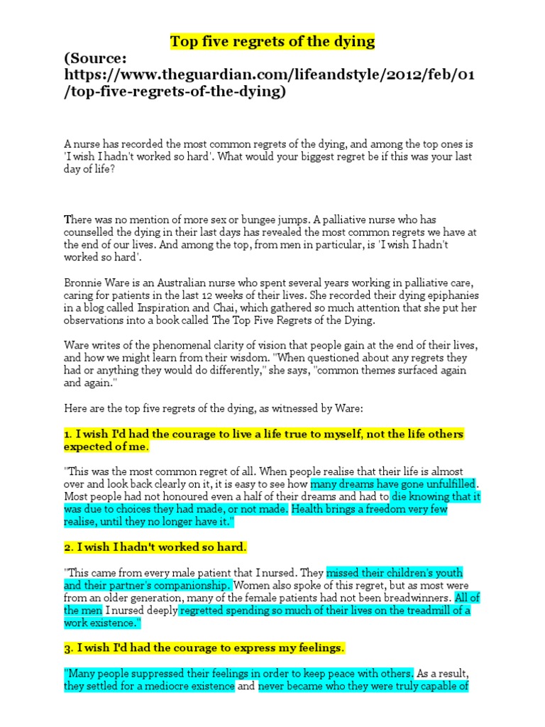 Top Five Regrets of The Dying | PDF | Lifestyle