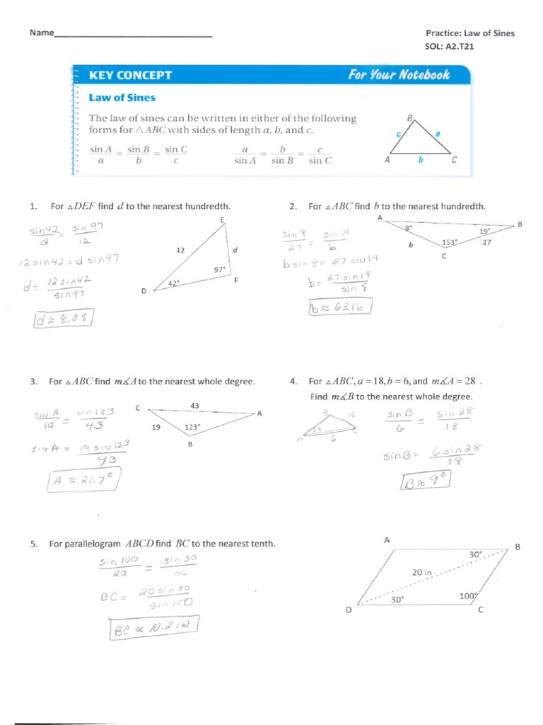 10.5 Practice Law of Sines - Answer Key | PDF