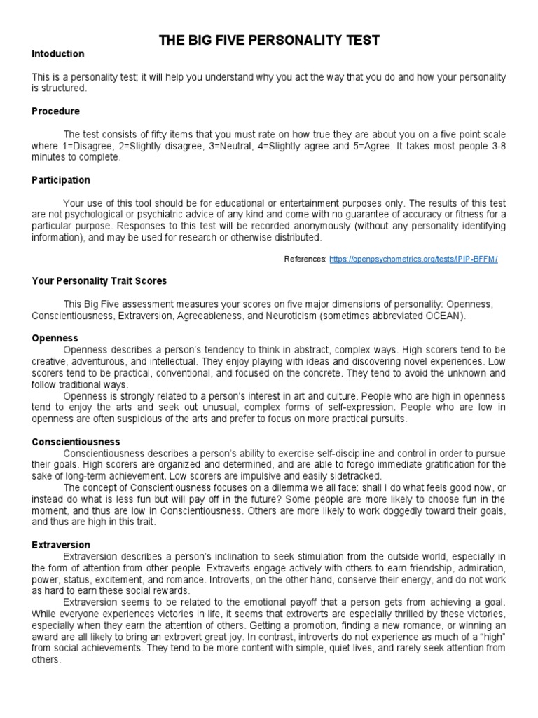 Big Five Personality Test Overview | PDF | Extraversion And ...