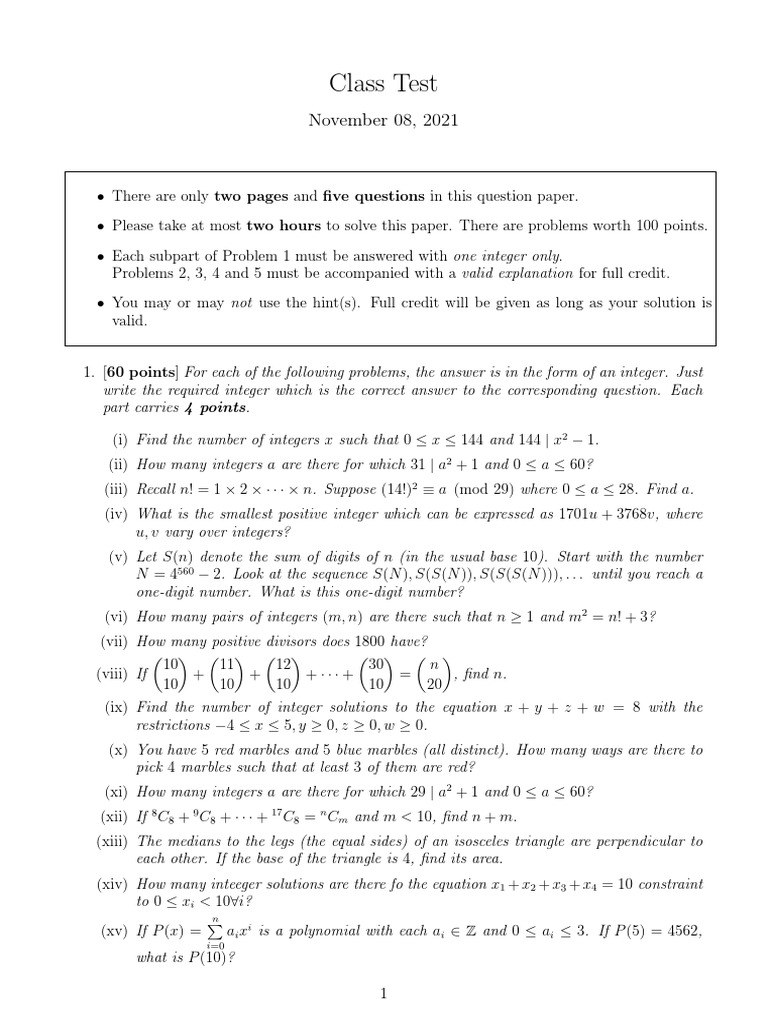 Class Test: November 08, 2021 | PDF | Integer | Numbers