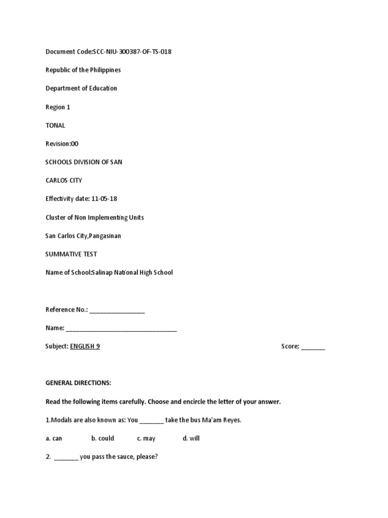 General Directions: Read The Following Items Carefully. Choose and ...