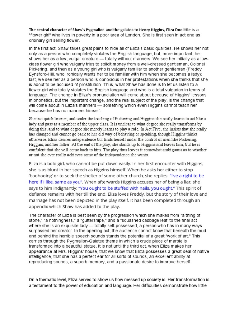 Character of Eliza Doolittle | PDF | Pygmalion (Play)