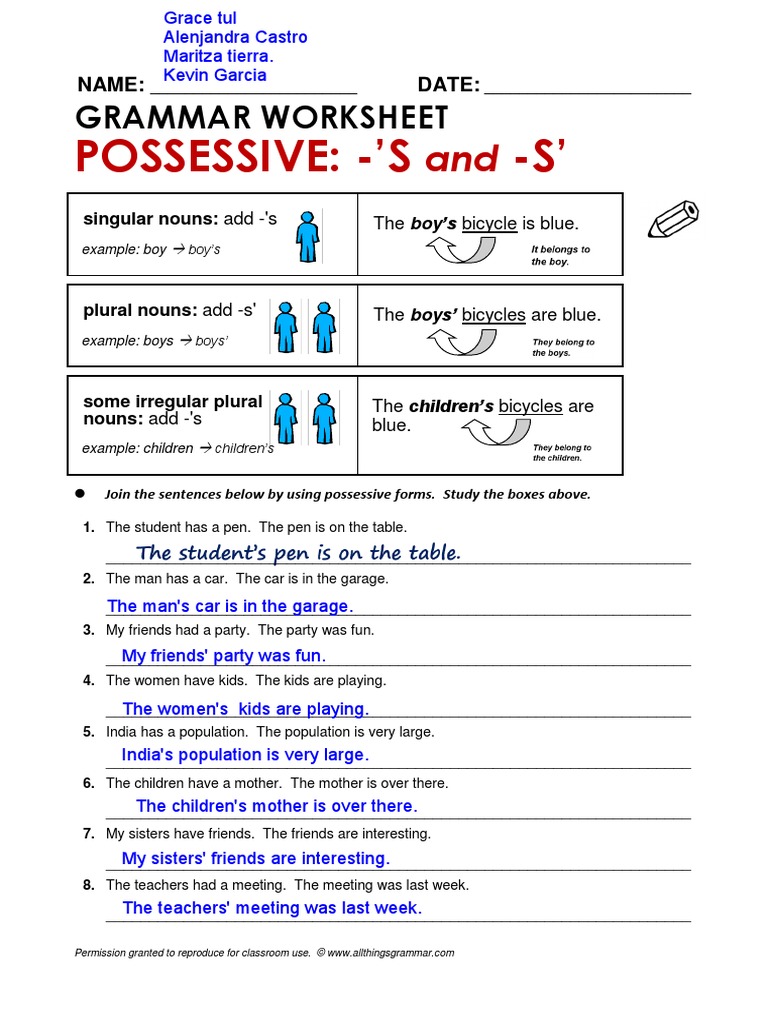 Possessive Nouns Homework of GRUPAL | PDF | Morphology | Language Arts ...