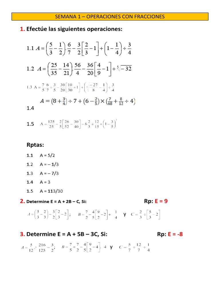 Semana 1 - Practica 1 Fracciones - Operaciones | PDF