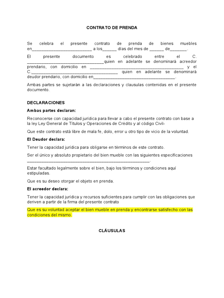 Contrato de prenda para garantizar un préstamo mediante el depósito de ...