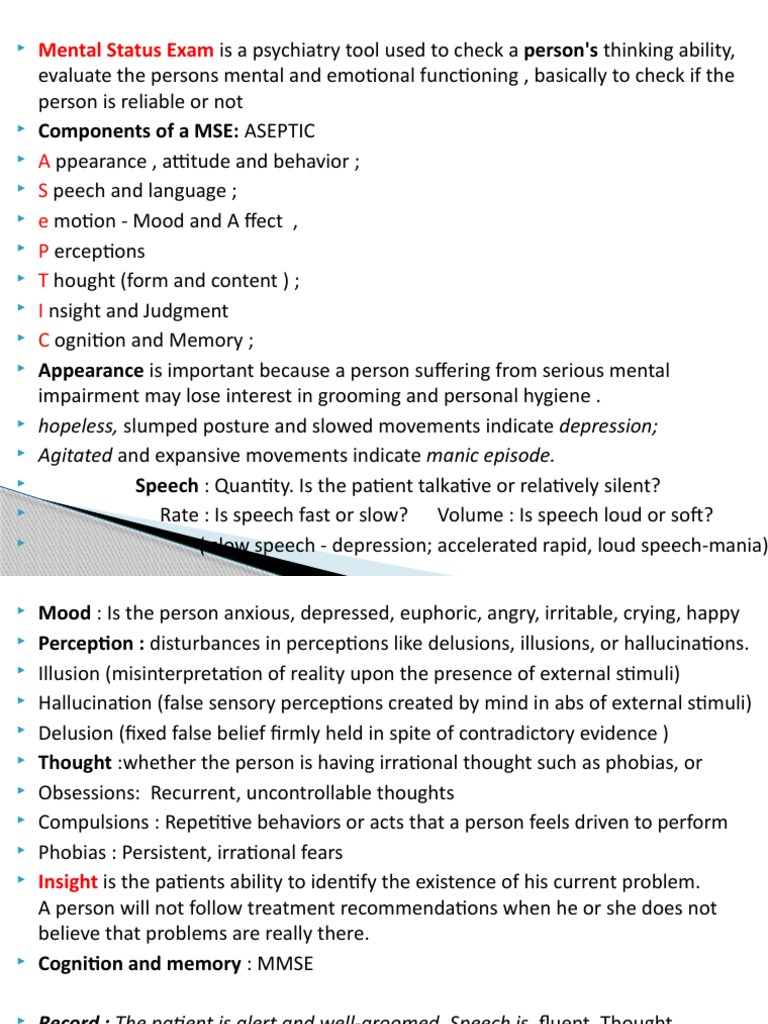 Components of A MSE: ASEPTIC: Mental Status Exam | PDF | Anxiety ...