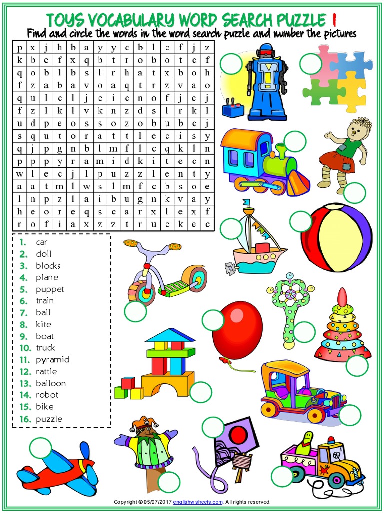 Toys Vocabulary Esl Word Search Puzzle Worksheets STUDENT PAGES | PDF