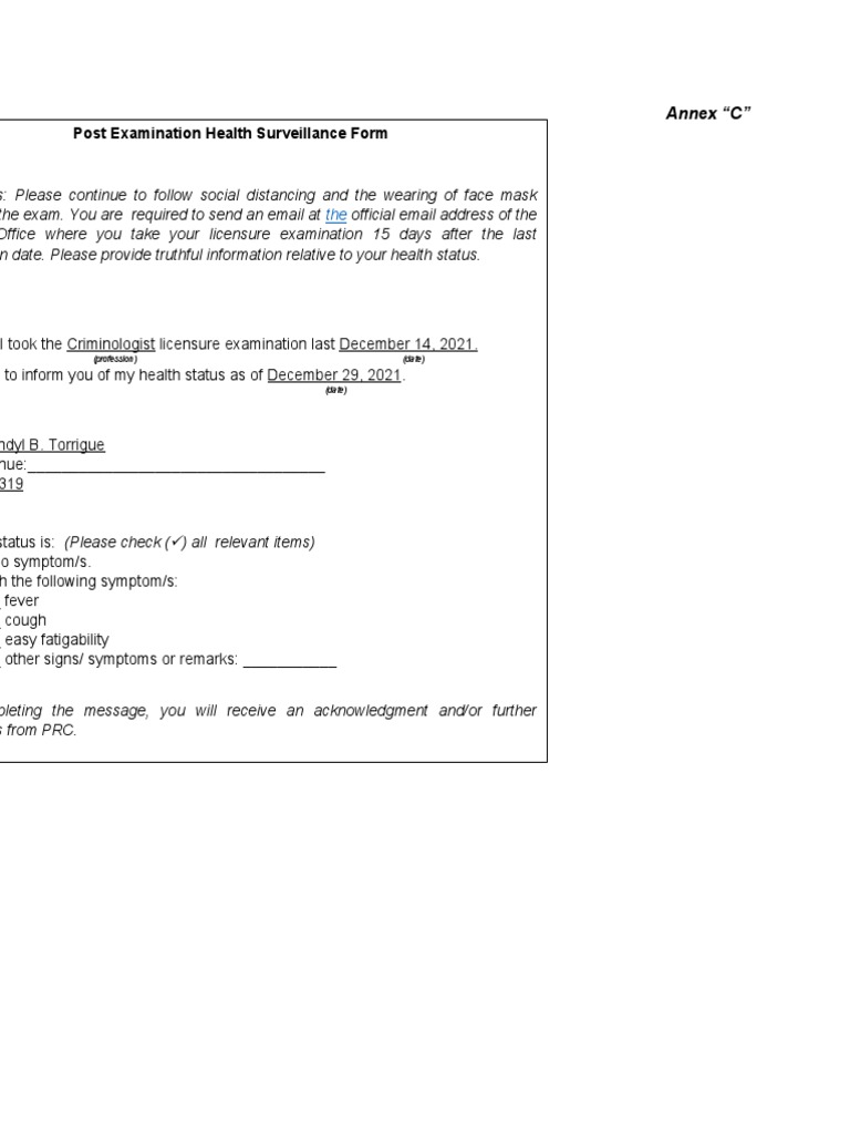 Post Examination Health Surveillance Form: Annex "C" | PDF