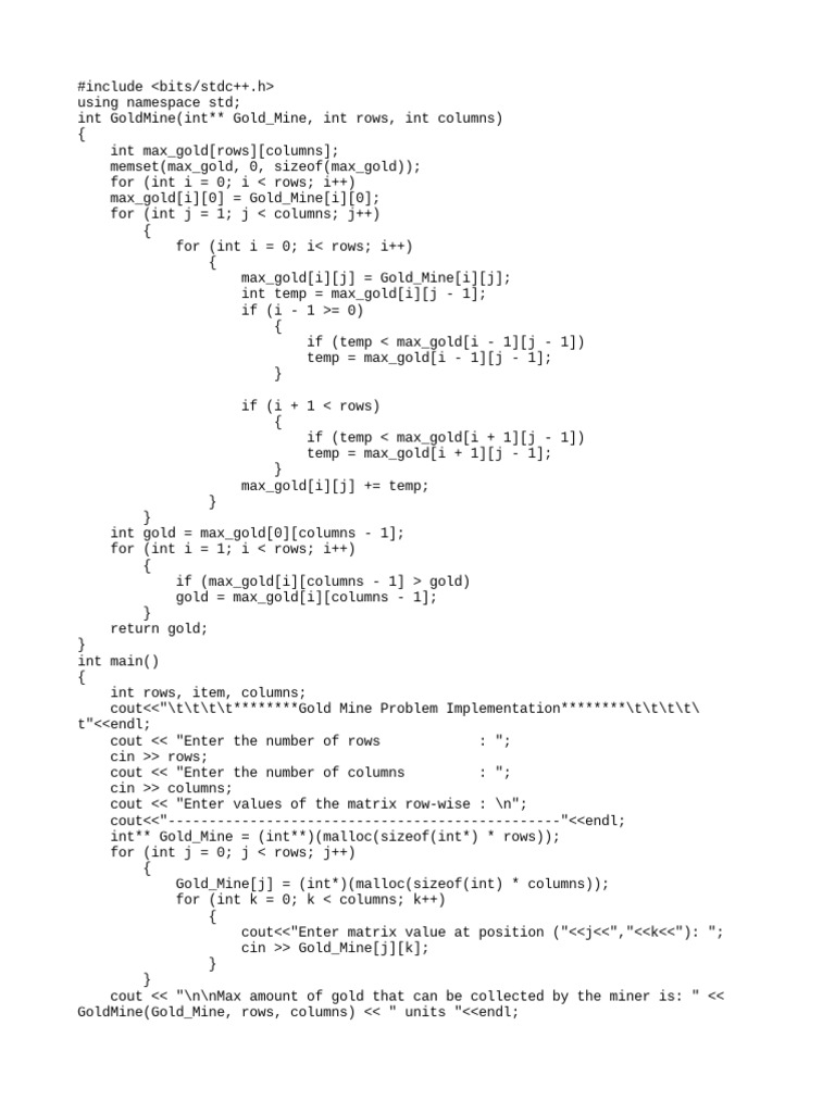 Gold Mine Problem (C++) | PDF