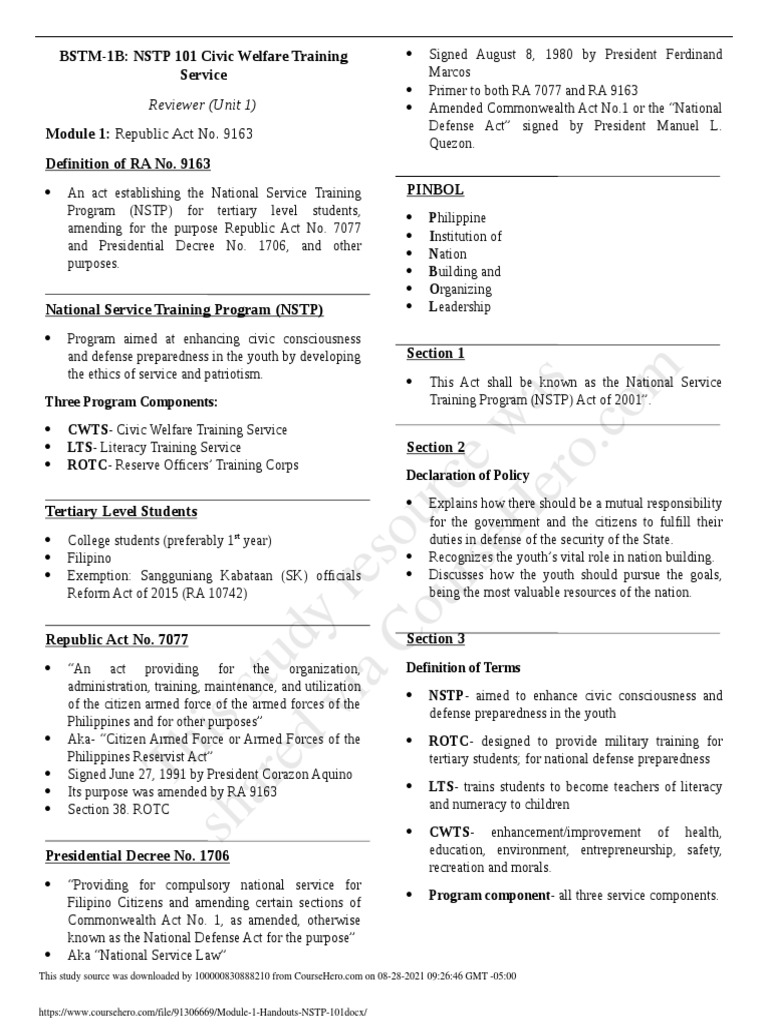Module 1 Handouts NSTP 101 | PDF | Government | Philippines