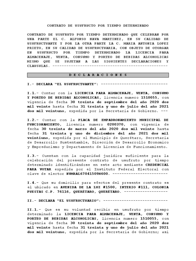 Contrato de Usufructo Temporal | PDF | Multa (pena) | Gobierno