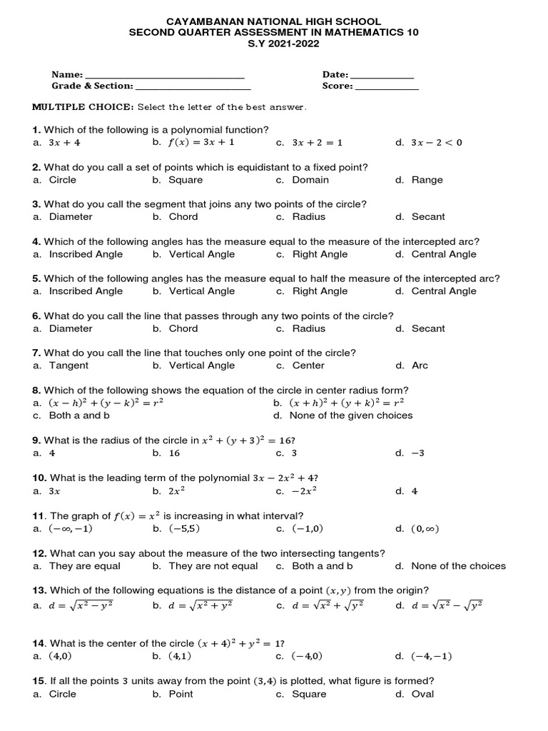 MULTIPLE CHOICE: Select The Letter of The Best Answer | PDF | Circle ...