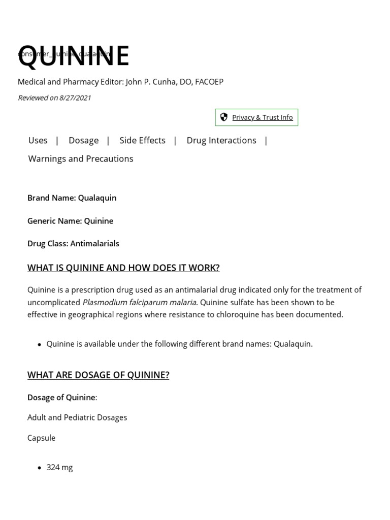 Quinine - Generic, Uses, Side Effects, Dosages, Interactions, Warnings ...