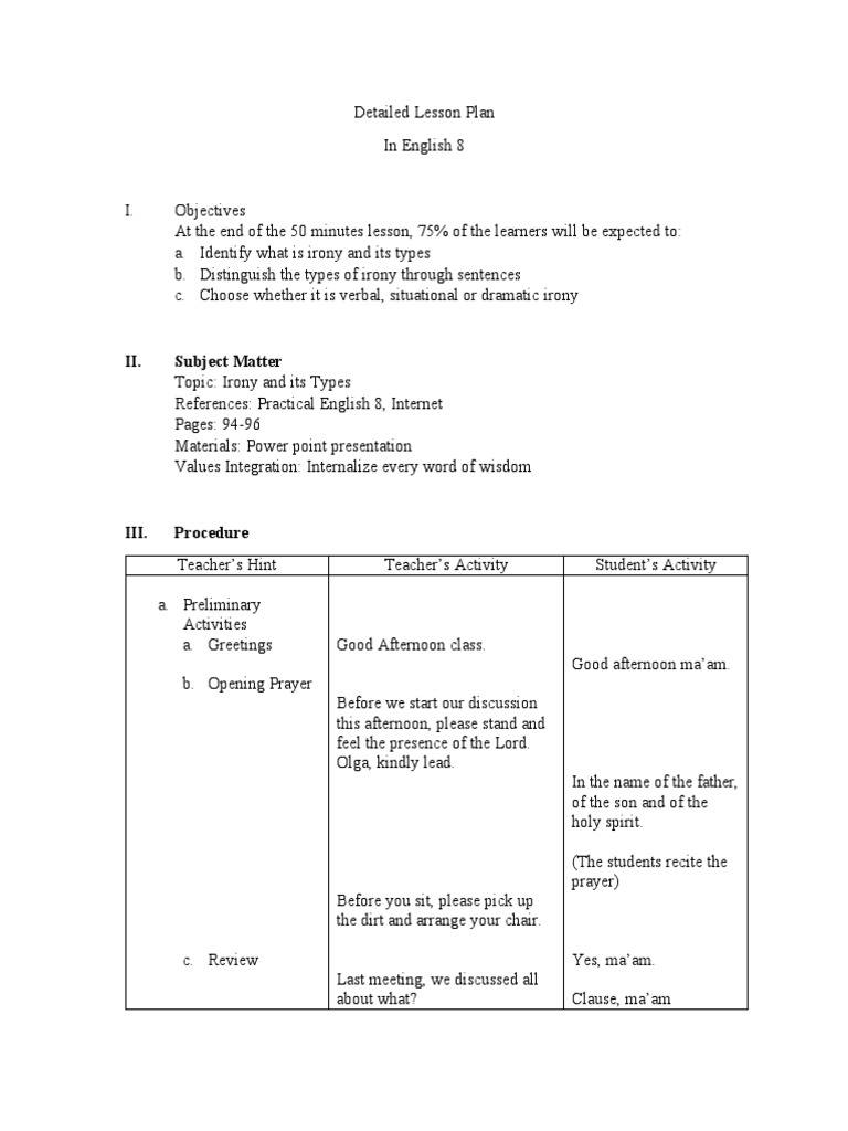 Detailed Lesson Plan Irony | Download Free PDF | Irony
