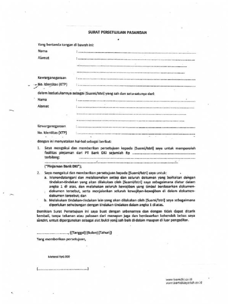 Surat Persetujuan Pasangan Bank Dki | PDF