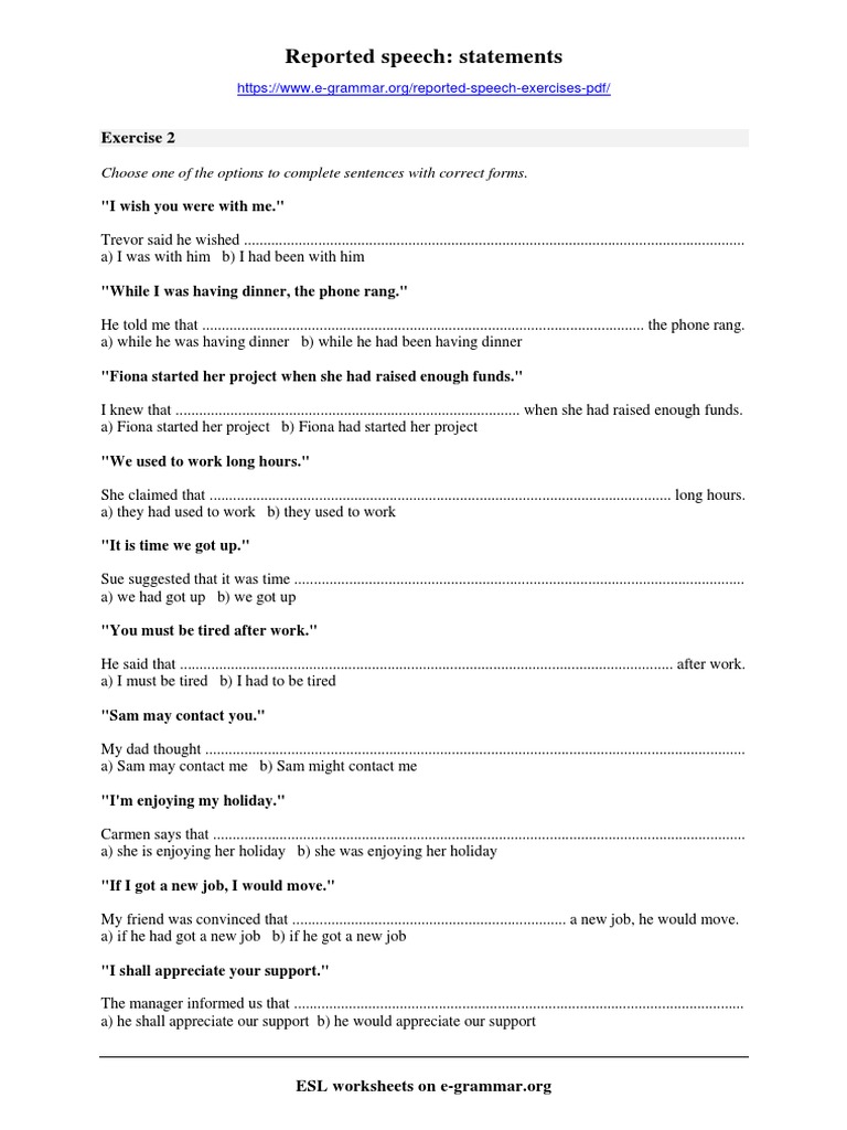 Reported Speech: Statements: Exercise 2 | PDF