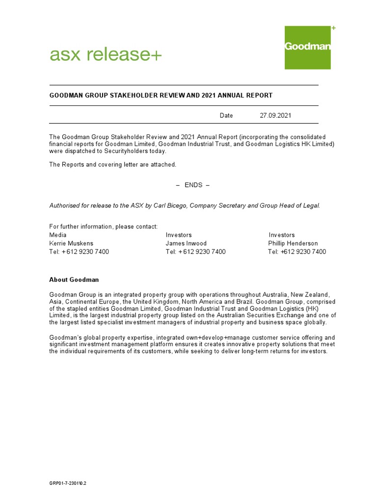 Goodman Group Stakeholder Review and 2021 Annual Report | PDF ...