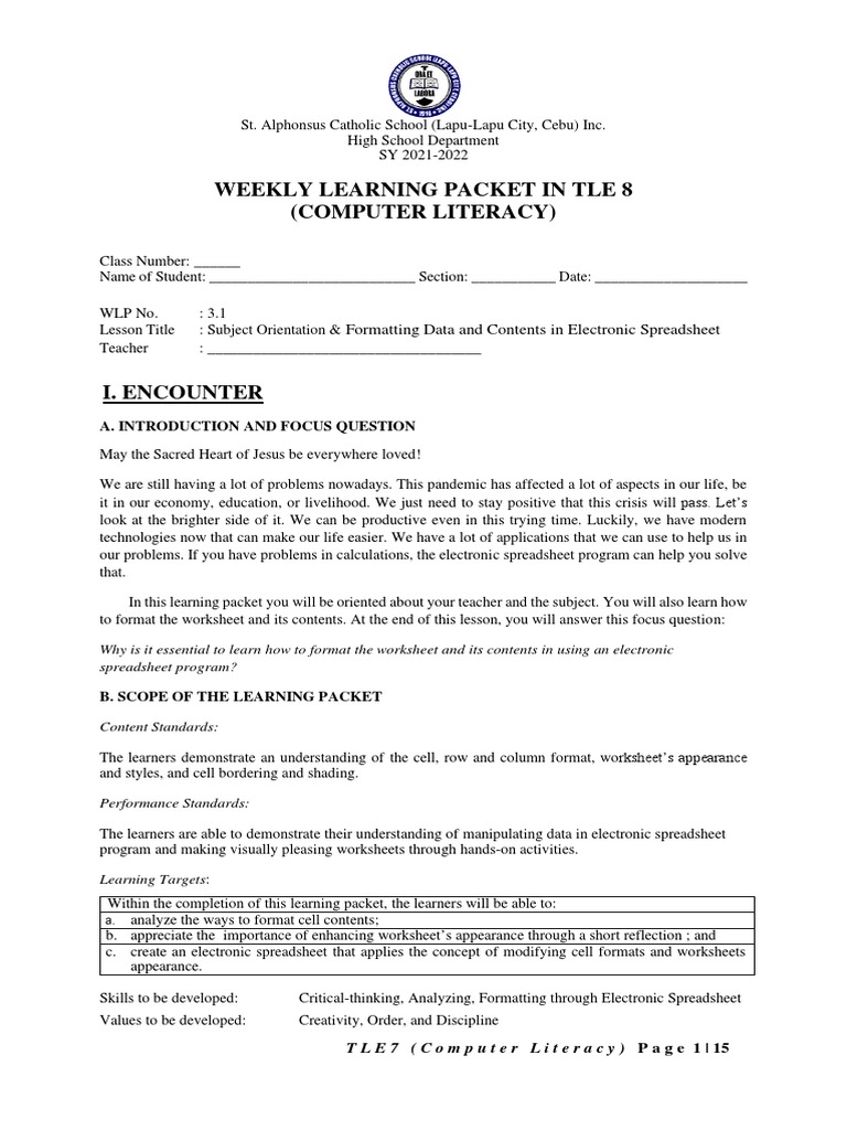 Weekly Learning Packet in Tle 8 (Computer Literacy) : Formatting Data ...