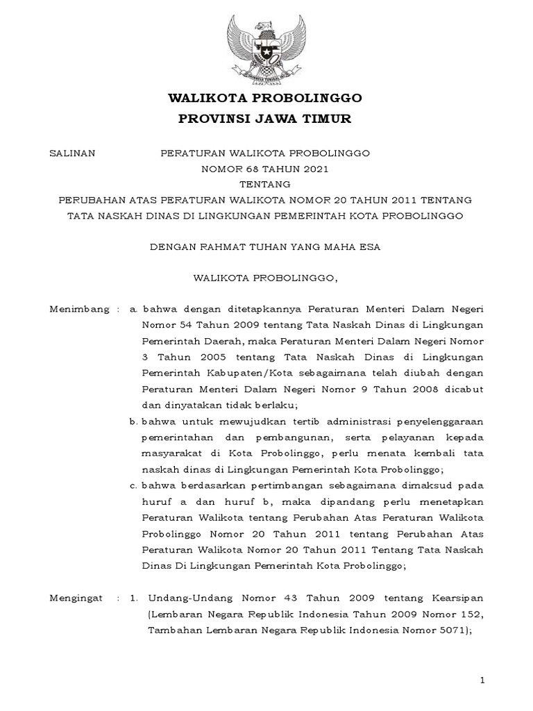 Perwali No. 68 THN 2021 TTG Perubahan Atas Perwali No. 20 THN 2011 TTG Tata Naskah Dinas Di ...