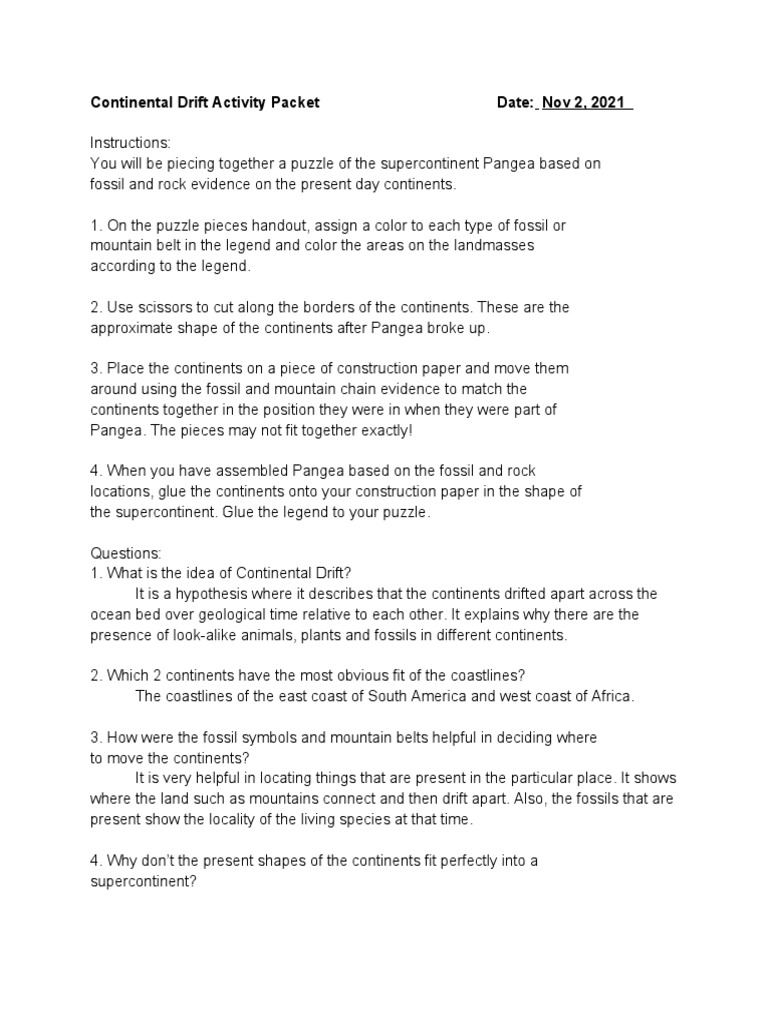 Continental Drift Activity Packet Date | PDF | Continent | Plate Tectonics