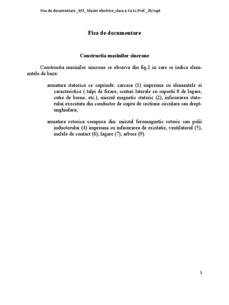 Fisa de Documentare-M2-Masini Electrice - XSC - Prof - Constructia Masinilor Sincrone | PDF