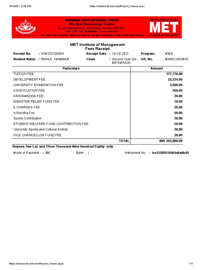 MET Institute of Management Fees Receipt | PDF | Fee | Services (Economics)