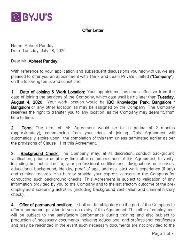 999 Abheet Pandey-BYJU - S (CE) 2019-2020 | PDF | Non Disclosure Agreement | Indemnity