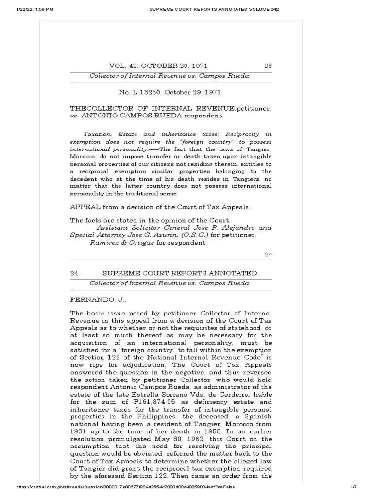 Collector of Internal Revenue vs. Campos Rueda, 42 SCRA 23, October 29 ...