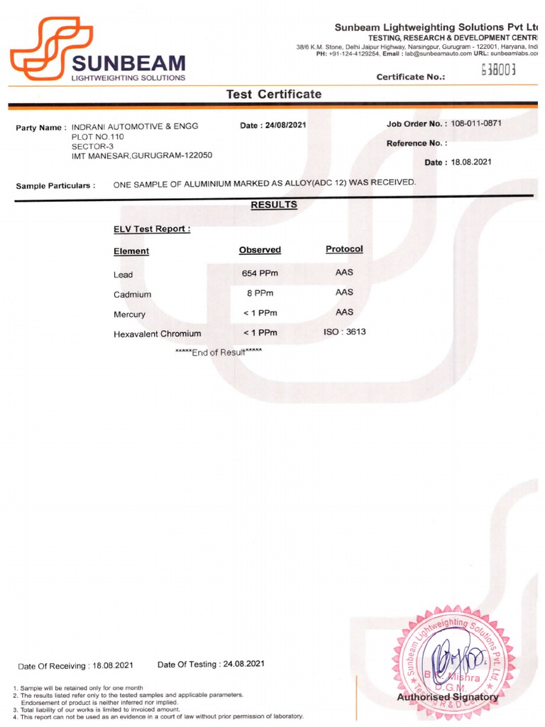 Test Certificate: ELV Test L RT | PDF | Metallic Elements | Atoms