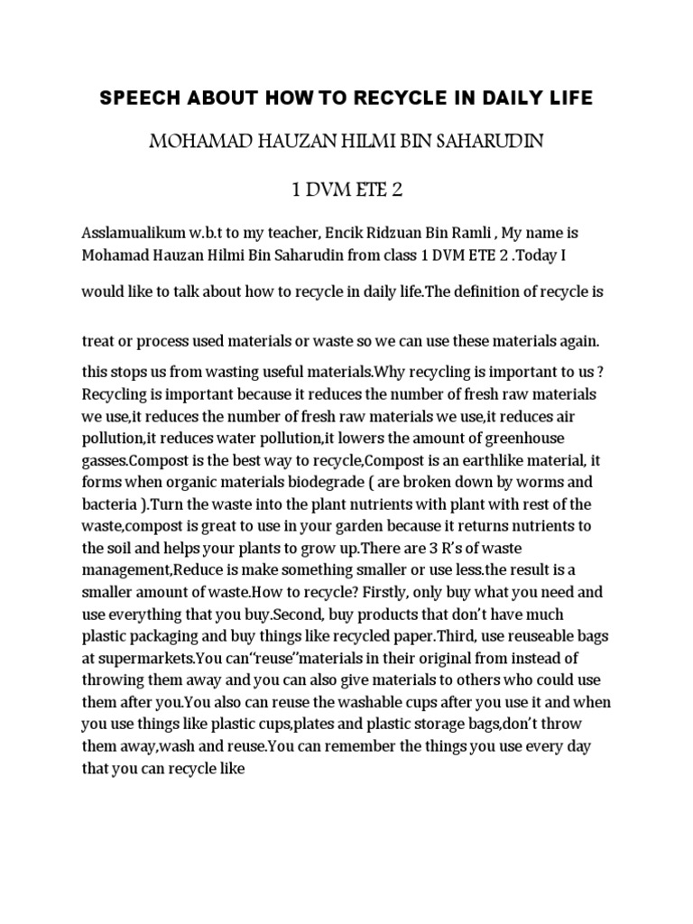 Speech About How To Recycle in Daily Life | PDF