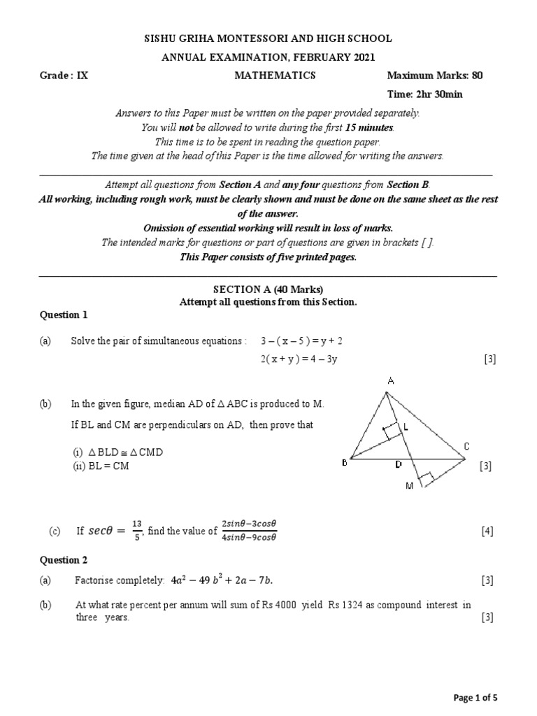 Annual Examination Grade 9 Maths | PDF | Circle | Triangle