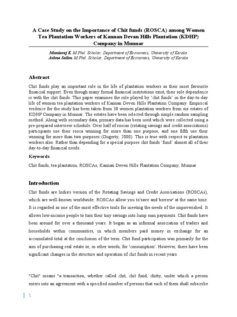 A Case Study On The Importance of Chit Funds (ROSCA) Among Women Tea ...