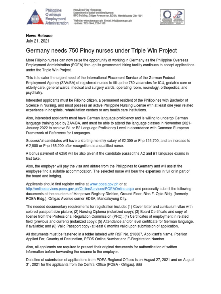 NR Germany Needs 750 Pinoy Nurses Under Triple Win Project | PDF ...