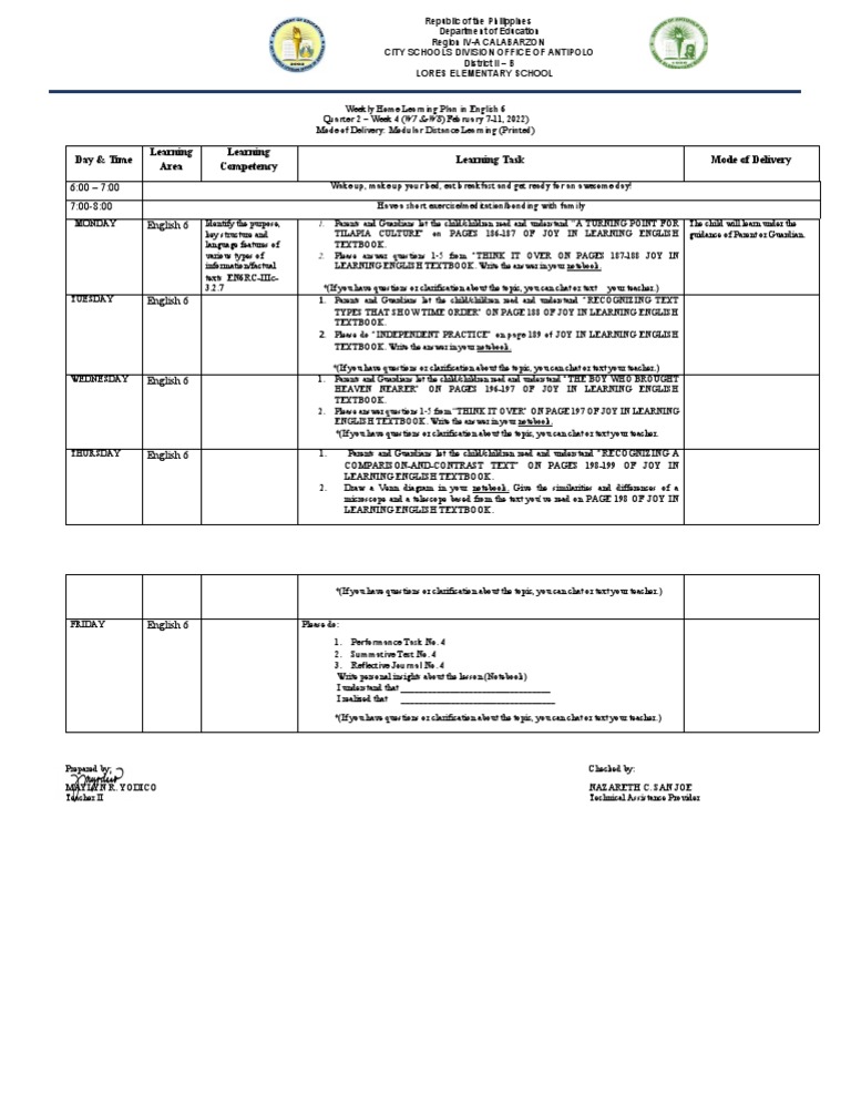 Day & Time Learning Area Learning Competency Learning Task Mode of ...