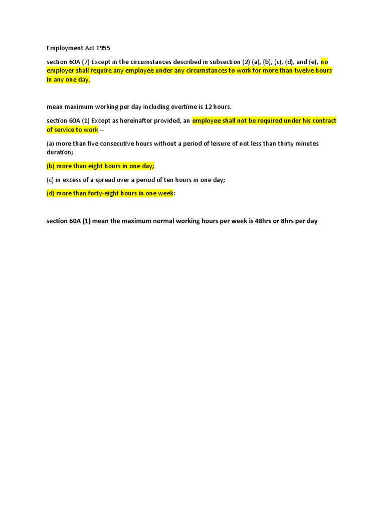 Employment Act 1955: Working Hours Limits | PDF
