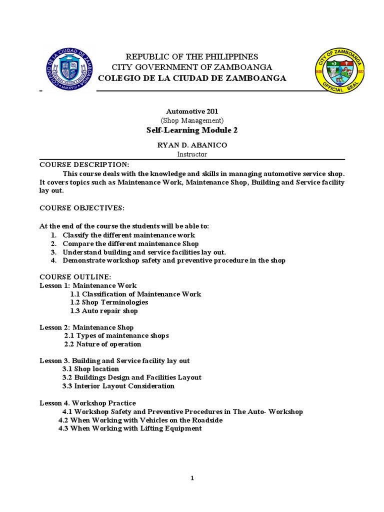 Automotive Shop Management: A Self-Learning Module on Workshop Safety ...