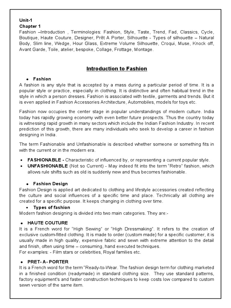 Introduction To Fashion: Unit-1 | PDF | Fashion | Fashion Design