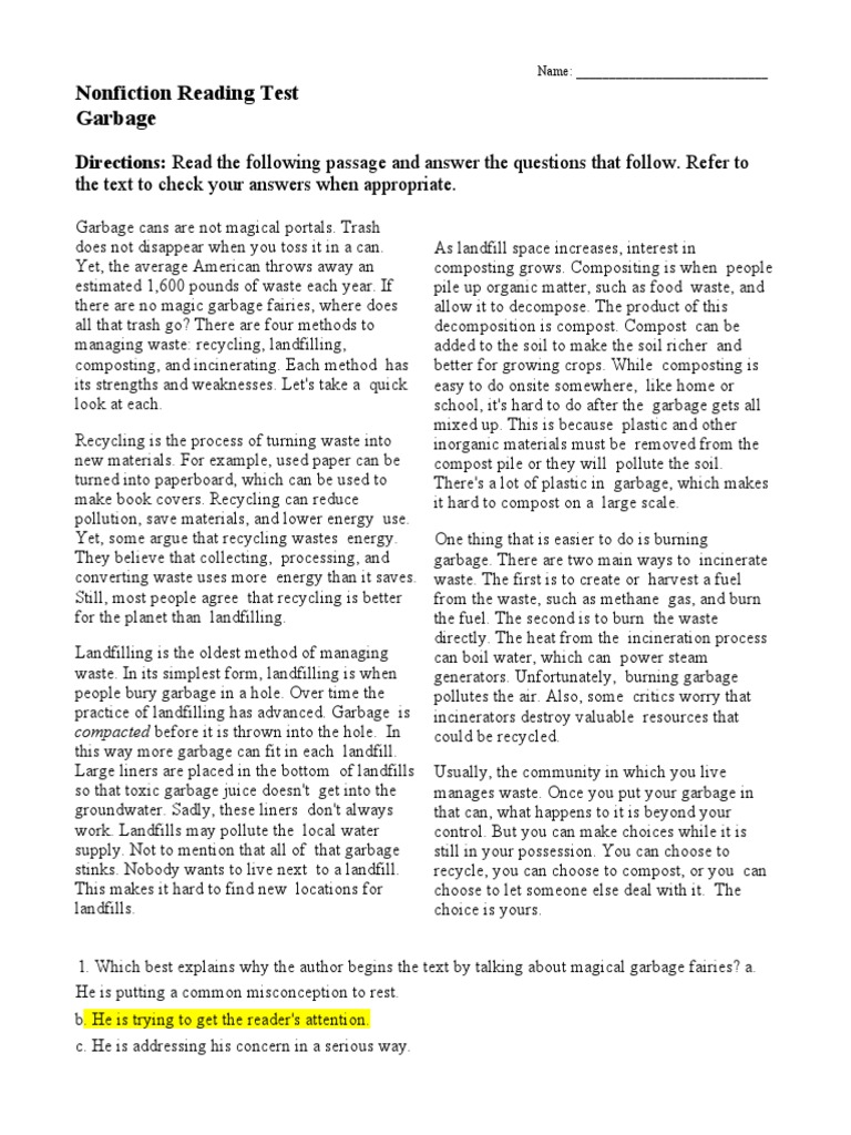 Nonfiction Reading Test Garbage: Directions: Read The Following Passage ...