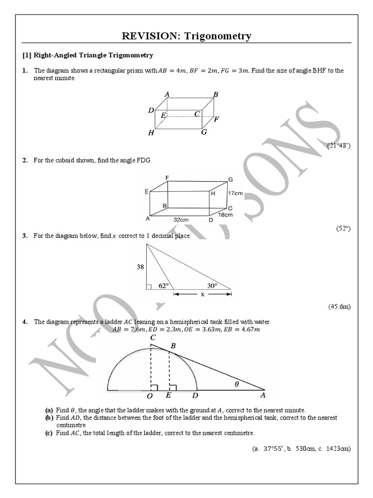 Year 9 Revision Trigonometry and Non Linear Curve Sketching HW Handout ...