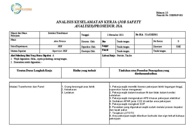 Contoh JSA Instalasi Transformer | PDF