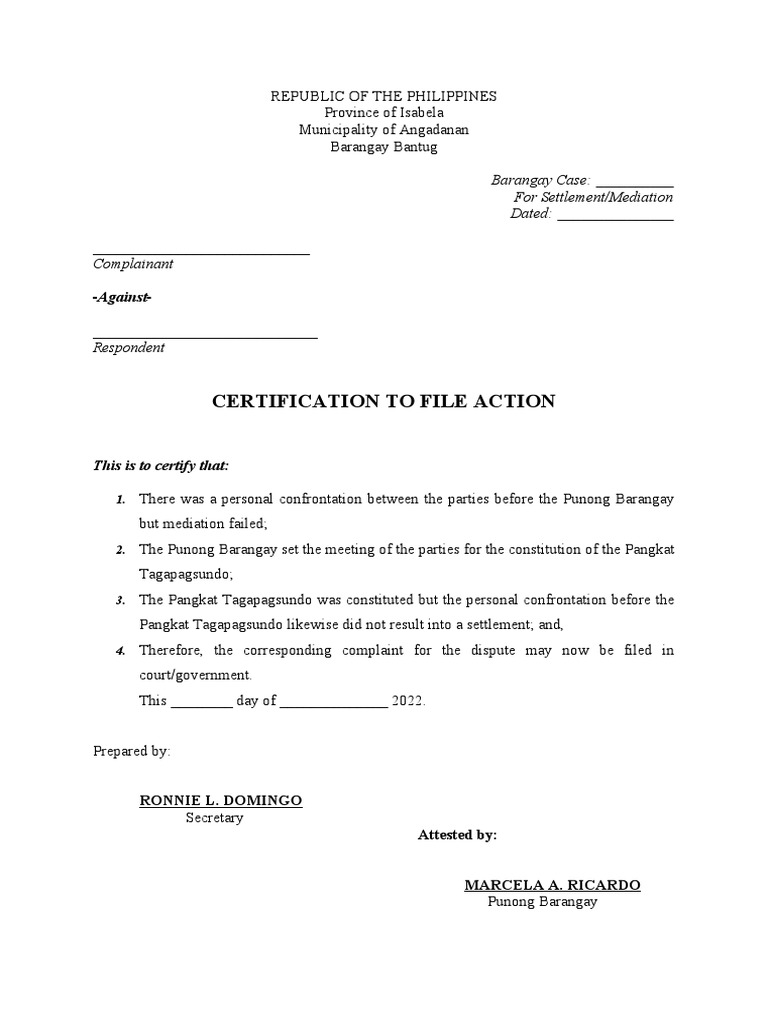 Certification To File Action (Blank) | PDF