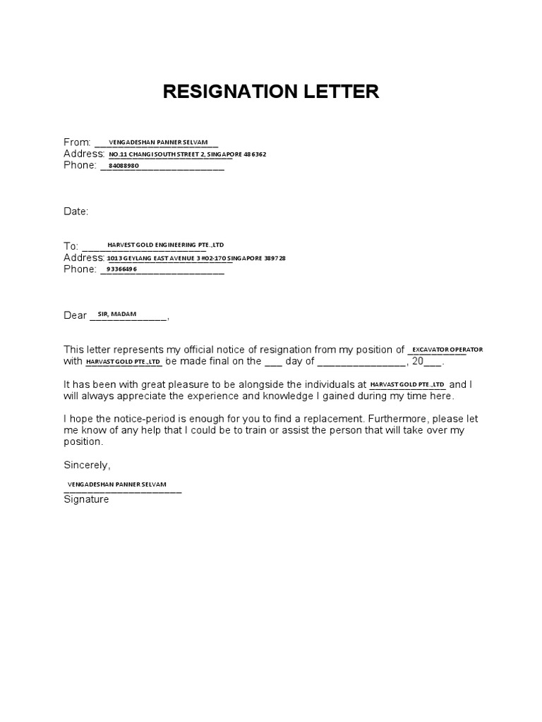 Resignation Letter EXCAVATOR OPTR | PDF