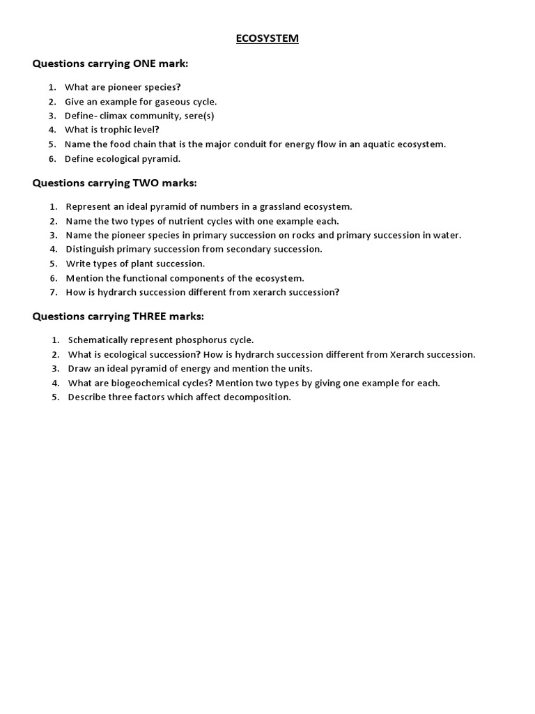 Ecosystem Questions Carrying ONE Mark | PDF | Science & Mathematics