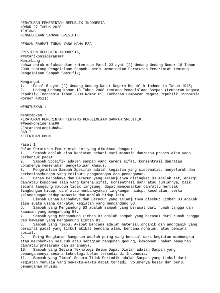 PP 27/2020: Pengelolaan Sampah Spesifik | PDF
