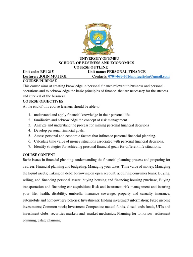 PERSONAL FINANCE Course Outline | PDF | Investing | Insurance