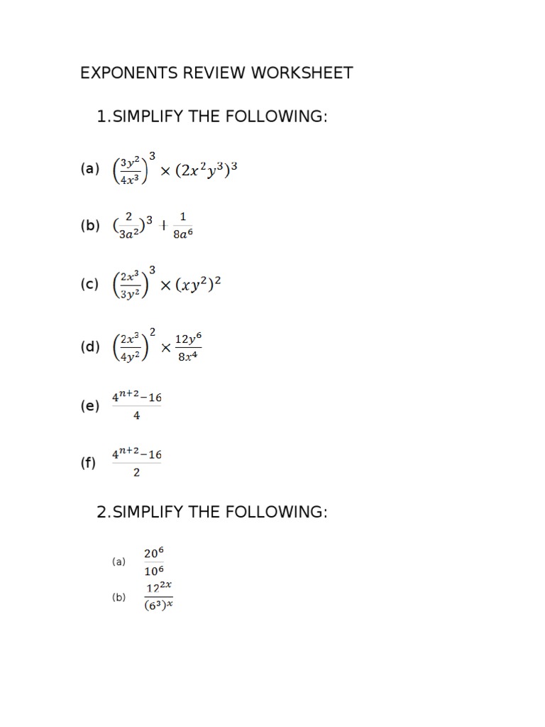 Exponents Review Worksheet | PDF | Computers