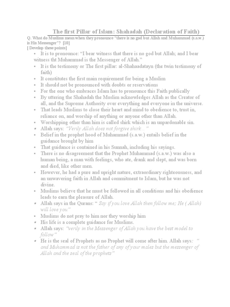 The First Pillar of Islam: Shahadah (Declaration of Faith) | PDF